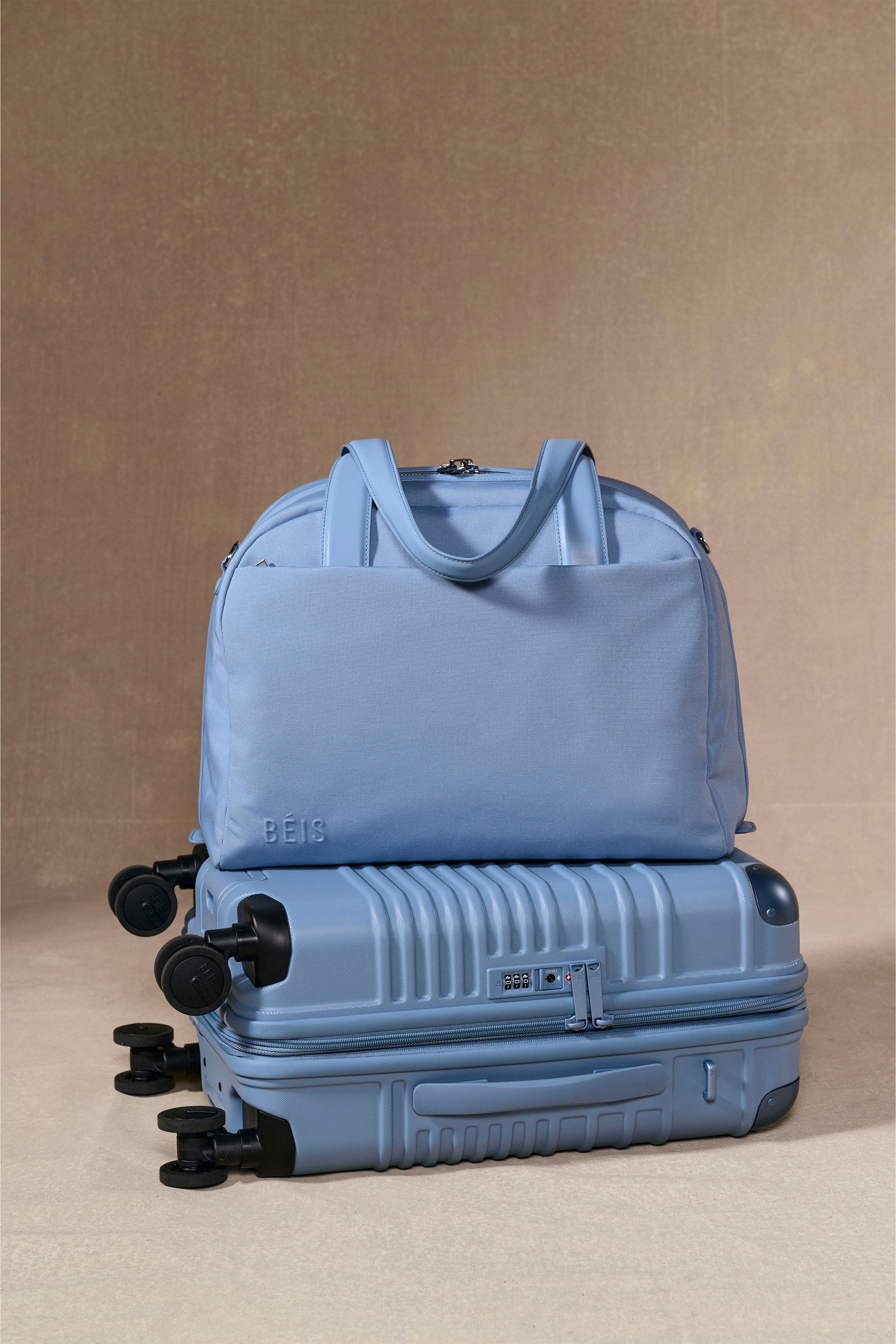 BÉIS ‘The Duffle’ in Dusty Blue - Leather Trim Travel Duffle Bag