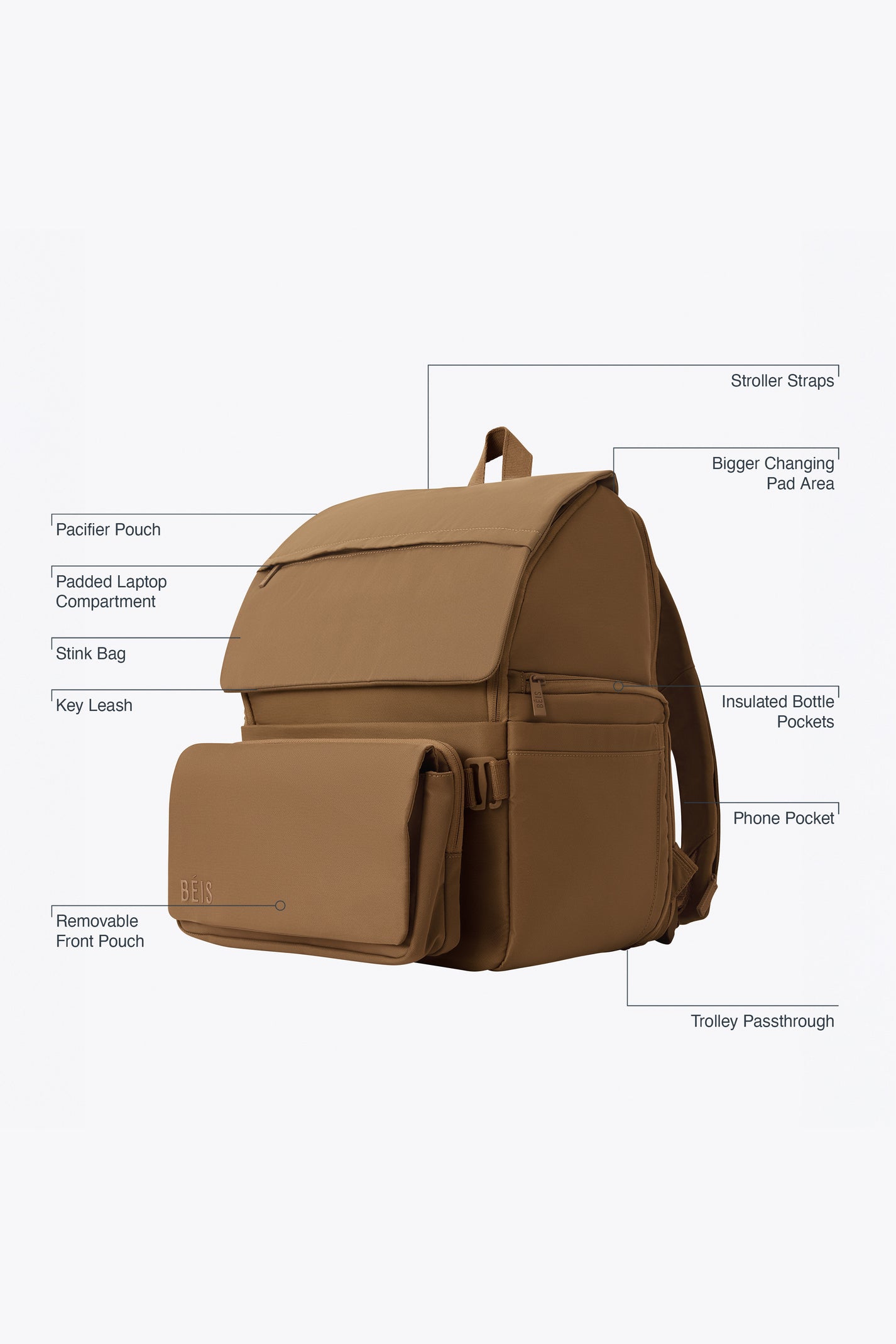 BÉIS 'The Ultimate Diaper Backpack' in Camel - Diaper Bag Backpack in Camel Brown