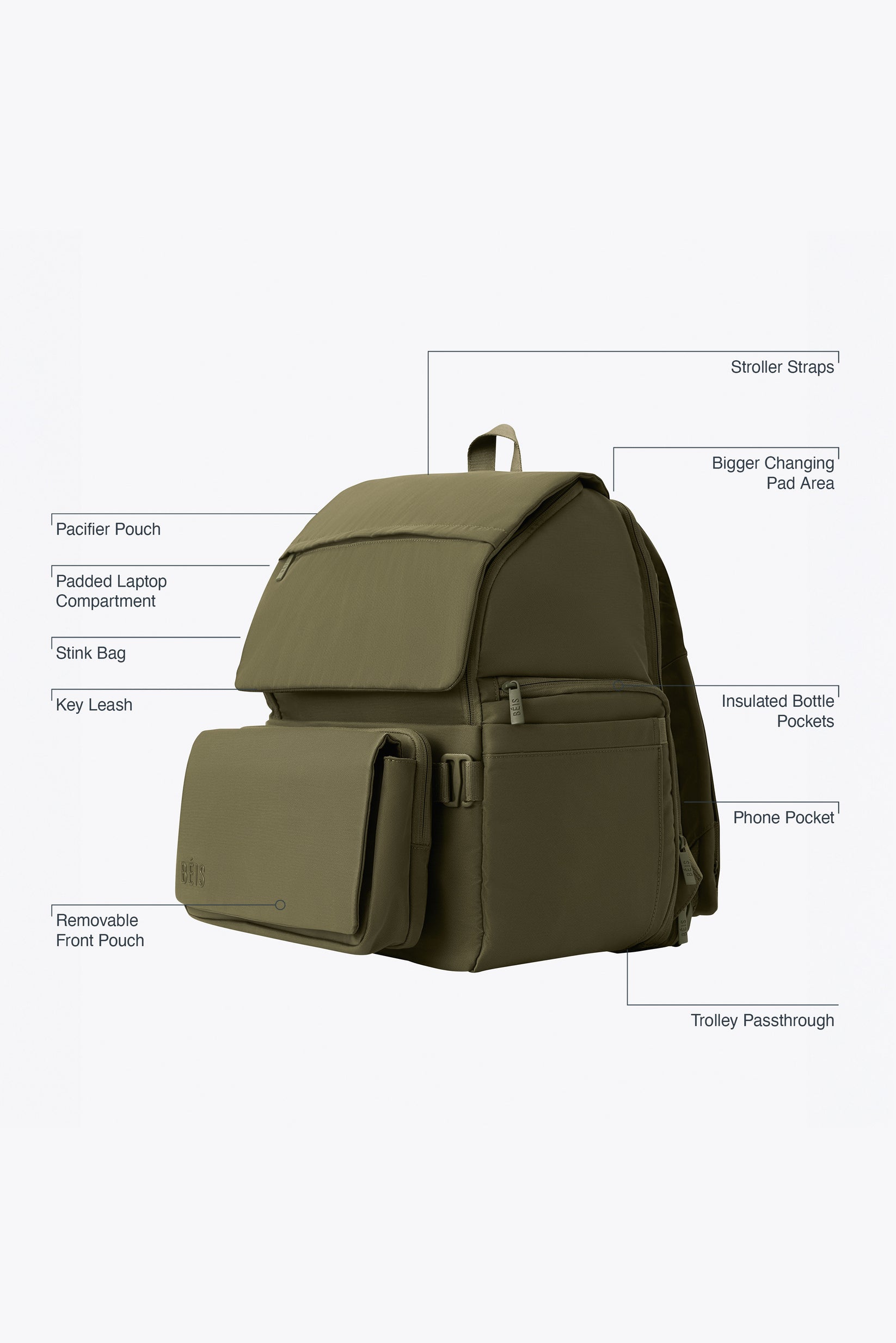 BÉIS 'The Ultimate Diaper Backpack' in Olive - Green Backpack Diaper Bag